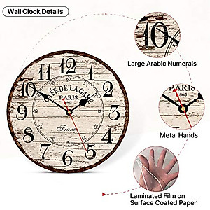 Toudorp Retro Wall Clock 14 Inch French Country Paris Cafe Style Rustic Wall Clock Round Silent Non-Ticking Wooden Quartz Wall Clocks Easy to Read Arabic Numerals Quality Quartz Wall Clock