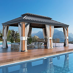 YOLENY 12' x 20' Ultra-thick Columns and Beams Hardtop Gazebo with Faux Wood Grain Aluminum Frame, Vertical Stripe Galvanized Steel Double Roof, Outdoor Patio Gazebo Pergolas with Netting and Curtains