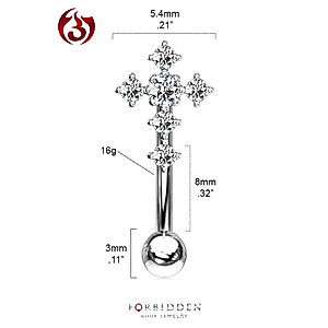 Forbidden Body Jewelry 16g 8mm Curved Barbell for Daith, Eyebrow, Rook & Belly Button with CZ Cross Top, Silver Tone