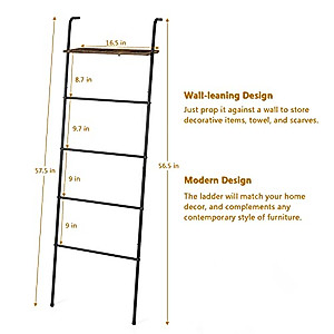 Blanket Ladder Wall Leaning Blanket Rack Farmhouse 5-Tier Metal Blanket Holder with Shelf Bath Towel Storage for Bathroom Quilt Bedroom Living Room Pool Black