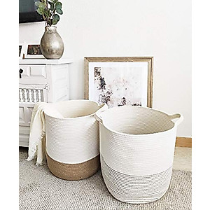 Large Woven Storage Baskets (Set of 2) Decorative Blanket Basket for Living Room, Toys, Pillows, Nursery or Towels. Laundry Hamper. Baskets for Organizing. Cotton Rope Baskets
