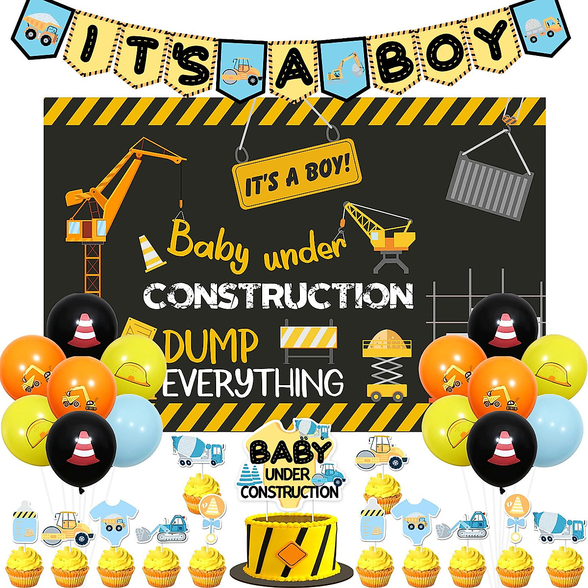 Balterever Construction Baby Shower Decorations for Boys With Construction It’s a Boy Banner Dump Truck Cake Cupcake Toppers Construction Baby Shower Backdrop for Under Construction Theme Party