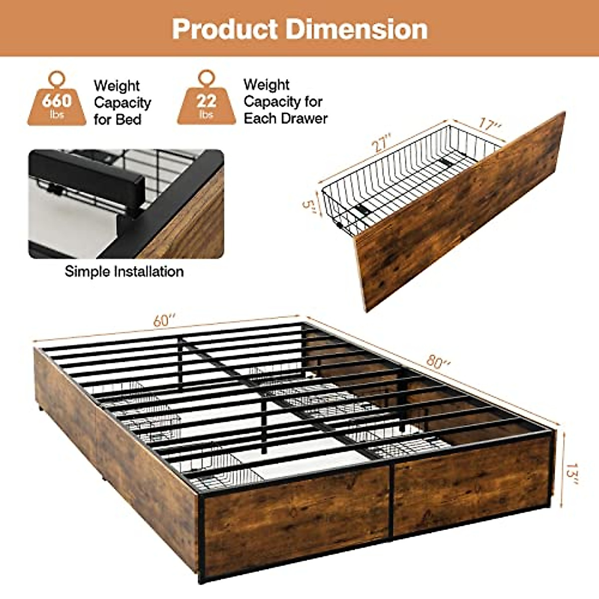 Giantex Queen Size Bed Frame with 4 Drawers, Industrial Metal Platform Bed Frame with Footboard, Reserved Holes for DIY Headboard, Heavy-Duty Mattress Foundation, No Box Spring Needed, Easy Assembly