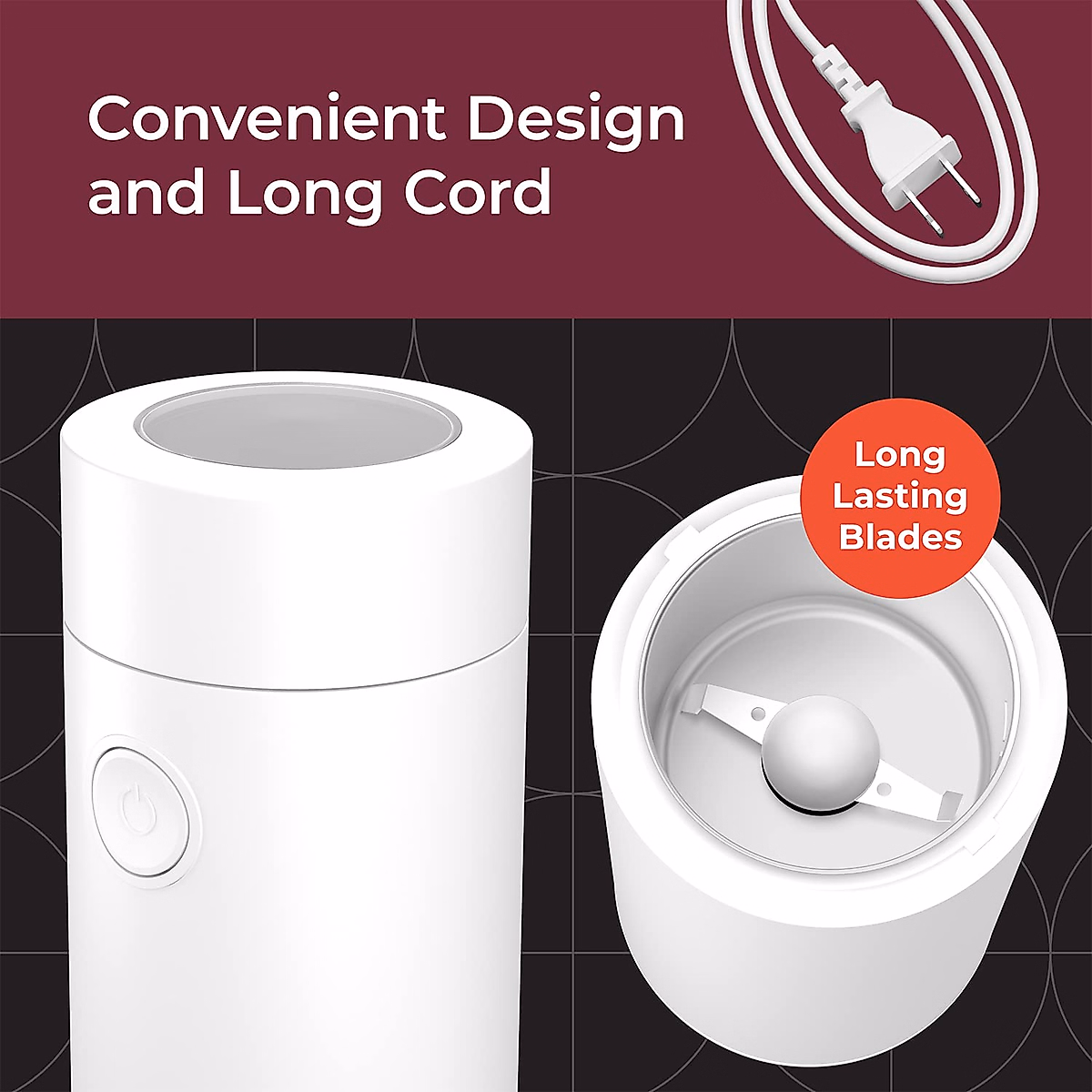 MuellerLiving Electric Coffee Grinder for Spice, Nut, Herbs and Coffee Beans, Sharp Blade, Stainless Steel - White