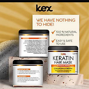 Keratin Hair Mask Made in USA with Natural Collagen & Biotin - Hair Repair Treatment for Dry & Damaged Hair and Growth - Save Color Treated Hair with Enriched Nourishment & Professional Care - 8 oz