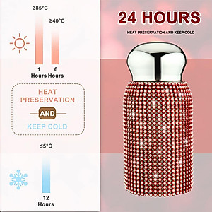 Diamond Thermos Bottle for Womens, Diamond Water Bottle Bling Rhinestone Small Cute 200ML Stainless Steel Vacuum Flask Sparkling Refillable Metal Insulated Glitter Thermal Bottle (Red)