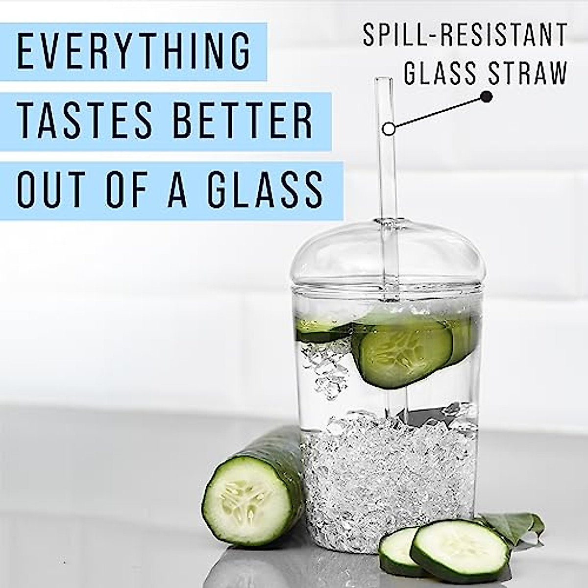 Maplefield Glass Tumbler with Dome Lid for Frappes, Smoothies & Iced Coffee - Dishwasher Safe Glass Tumbler with Straw - Spill-Resistant Iced Coffee Tumbler - Iced Coffee Cup - 16oz [Clear]