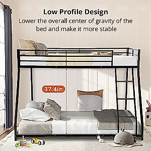 Metal Bunk Bed Frame, Twin Over Full Bunk Bed with Ladder and Full-Length Guardrail, Sturdy Support Slats for Teens Adults, Noise Free, Black