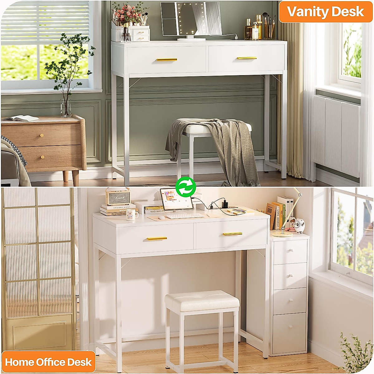 Girapow Vanity Desk with Power Outlets and Lights, 36'' Makeup Vanity with Tri Fold Lighted Mirror, White Vanity Set with Drawers, Vanity Table with Cushion Stool, Small Makeup Table for Bedroom,White