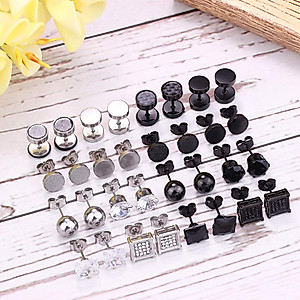 LOYALLOOK Stainless Steel Black Stud Earrings Silver Cubic Ziconia Stud Earrings Sets Tunnel Earring Ball Studs for Women Men 16 Pairs 6MM