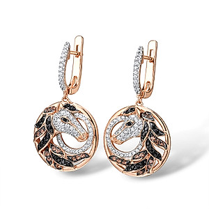 Santuzza 925 Sterling Silver Horse Dangle Earrings Black Spinel White Cubic Zirconia Animal Drop Earring 14K Rose Gold Plated Jewelry