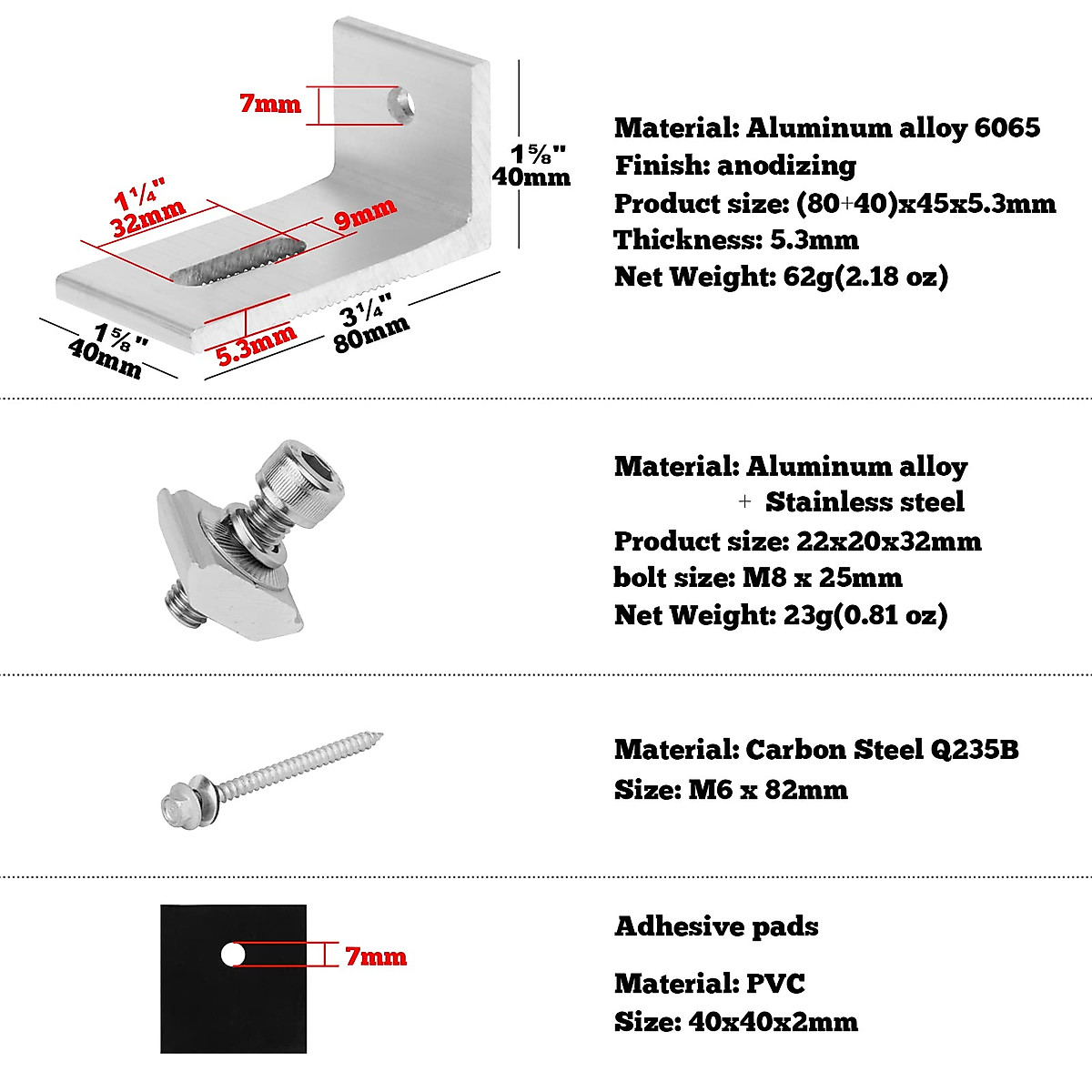10 Pcs Solar Panel Mounting L Bracket, Thickness 5.3mm Aluminum Alloy 6005 Support Hardware, for RV Boat Off Grid Roof, Solar Panel Motor Home Roof