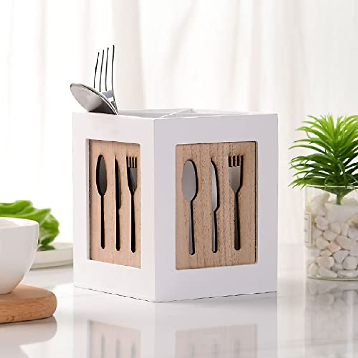 Flueyer Wood Cutlery Caddy, Decorative Wooden Knife and Fork Box Layered Kitchen Utensil Holder for Countertop, Kitchen Table, Cabinet, Pantry