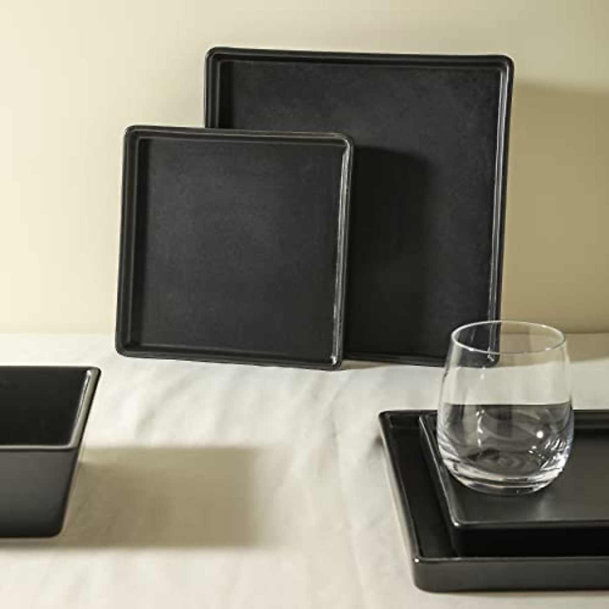 Stone Lain Grace Square Stoneware Dinnerware Set, 12 Piece Service For 4, Black