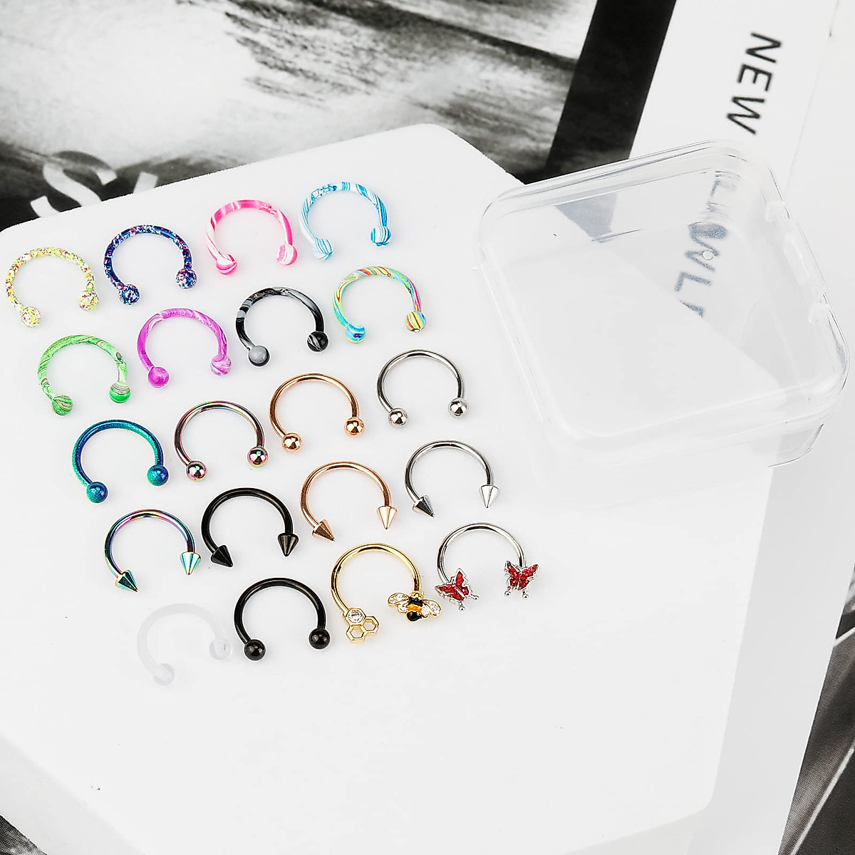 ONESING 20 Pcs Septum Rings 16G Septum Jewelry Septum Rings for Women Septum Lip Rings Nose Piercing Jewelry Tragus Horseshoe Earrings Hypoallergenic Stainless Steel Septum Ring 10mm