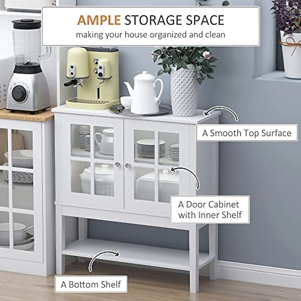 HOMCOM Coffee Bar Cabinet, Modern Sideboard Buffet Cabinet, Kitchen Cabinet with 2 Glass Doors, Adjustable Inner Shelving and Bottom Shelf, White