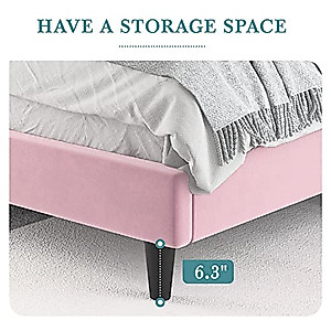 HOOMIC Queen Size Platform Bed Frame with Velvet Upholstered Plush Vertical Channel Headboard, No Box Spring Needed, Easy Assembly,Pink