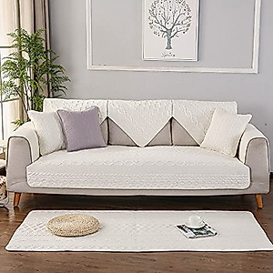 vctops Geometric Embroidery Cotton Couch Sofa Cover Farmhouse Sectional Couch Covers Sofa Slipcover for Dogs Cats Pet Love Seat Recliner Leather L Shaped, Armrest Backrest Cover (Cream,28"x82")