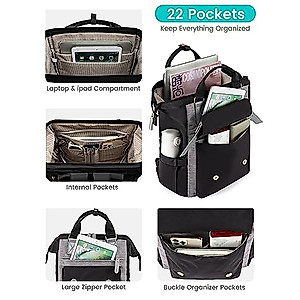 LOVEVOOK Laptop Backpack Women, Work Travel Laptop Backpack Purse for Women, Nurse Teacher Business Laptop Bag, Fashion College Backpack, Waterproof Wide Open Computer Back pack, 15.6 Inch, Black-Grey