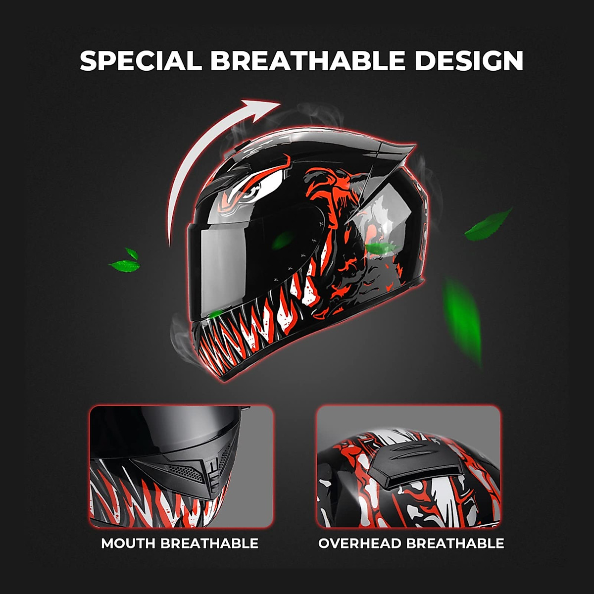 HTLNUZD Full Face Motorcycle Helmet Racing Motocross Helmets with Pinlock Compatible Clear&Tinted Visors DOT Model Approved Street Bike Helmet (XXL, Venom)