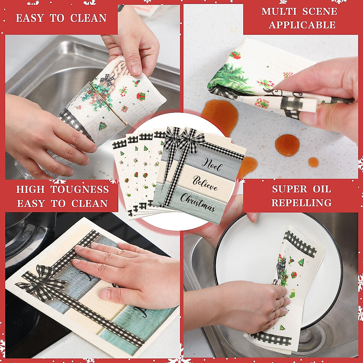 6 Pieces Christmas Swedish Kitchen Table Dishcloths Reusable Christmas Dish Towels Absorbent Cleaning Cloth Fast Dry Kitchen Dishcloth with Santa, Snowman, Christmas Tree, Deer (Black White, Tree)