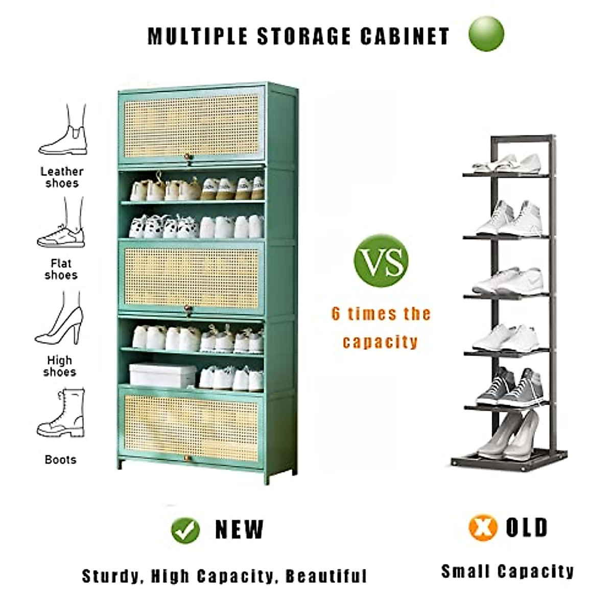 QQXX Bamboo Shoe Cabinet,Modern Entryway Shoe Storage Cabinet with Rattan Doors,Flip Shoe Rack Cabinet Shoe Organizer,Premium Storage Cabinet for Hallway Bathroom Kitchen(4tiers-31.5", Green)