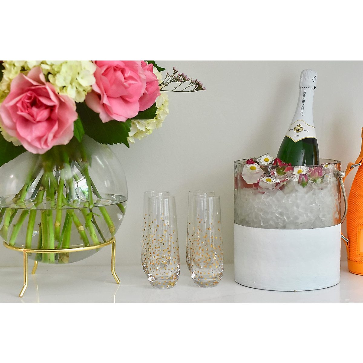 Mud Pie Glass Ice Bucket, Clear/White, Bucket 8" x 7" Dia | Tongs 6.75"