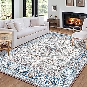 GAOMON Washable Rug 8x10 Floral Area Rugs Living Room Rug with Non Slip Backing,Medallion Rug Blue Distressed Non-Shedding Rug, Vintage Floor Mat Indoor Rug,8x10