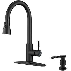 Matte Black Pull Down Kitchen Faucet with Soap Dispenser - High Arc 3-Function Pull Out Kitchen Faucet, Stainless Steel Kitchen Sink Faucet with Pull Down Sprayer Single Hole Single Handle
