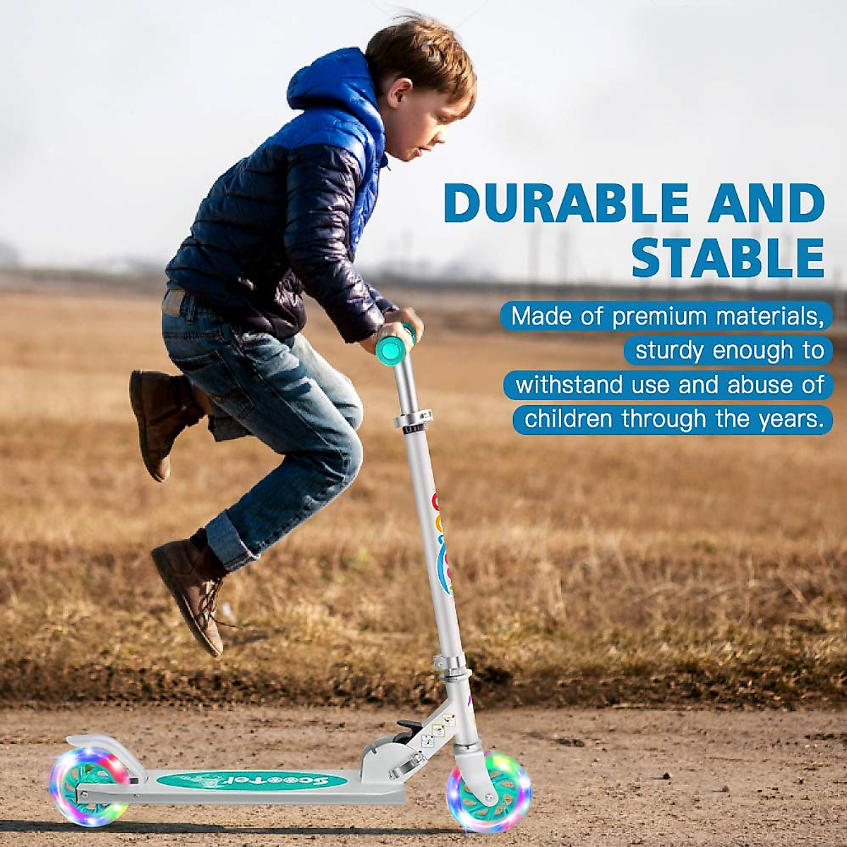 BELEEV V1 Scooters for Kids, 2 Wheel Folding Kick Scooter for Girls Boys, 3 Adjustable Height, Light Up Wheels, Lightweight Push Scooter with Kickstand for Children Ages 3-12 (Aqua)