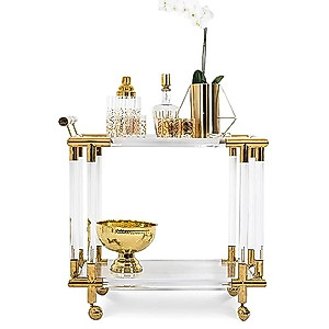 VLOBAOM Gold Bar Cart with Wheels, Home Bar Serving Cart, Luxurious Acrylic Coffee Bar Cart for Kitchen Party Outdoor, Storage Rack,31.5x16.5x31.5in,Clear