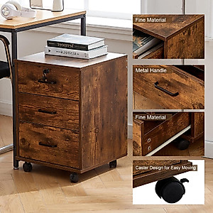 TUKAILAi Mobile File Cabinet with 3 Drawers, Lockable Storage Unit Wooden Rolling Office Filing Cabinet with Wheels, for Legal/Letter/A4 Sized Documents Home Office (Rustic Brown 1PCS)
