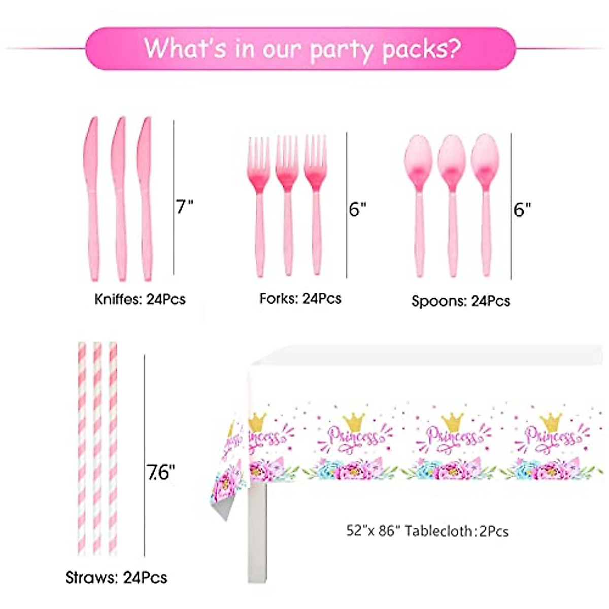NAIWOXI Princess Birthday Party Supplies - Princess Party Decorations Tableware Set Include Plates, Napkins, Cups, Cutlery, Tablecloth, Straws, for Girls Princess Baby Shower Decorations | Serve 24