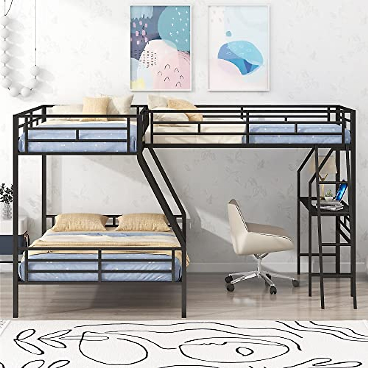 TARTOP Metal L-Shaped Bunk Bed with a Loft Attached, Triple Bedframe with Desk, Guardrails, and Ladders, Twin Over Full, Black