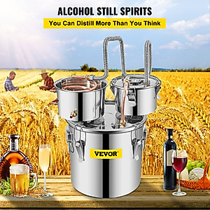 VEVOR Alcohol Still, 3 Gallon, Stainless Steel Alcohol Distiller with Copper Tube & Build-in Thermometer & Water Pump, Double Thumper Keg Home Brewing Kit, for DIY Whiskey Wine Brandy
