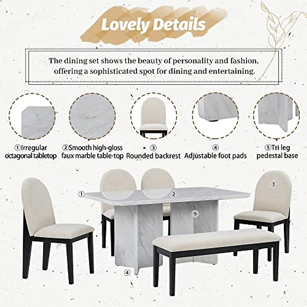 Goozio 6-Piece Dining Table Set, Modern Style Kitchen Dining Table Set with Faux Marble Table and 4 Upholstered Dining Chairs & 1 Bench, Dining Room Set for 6 Persons,White