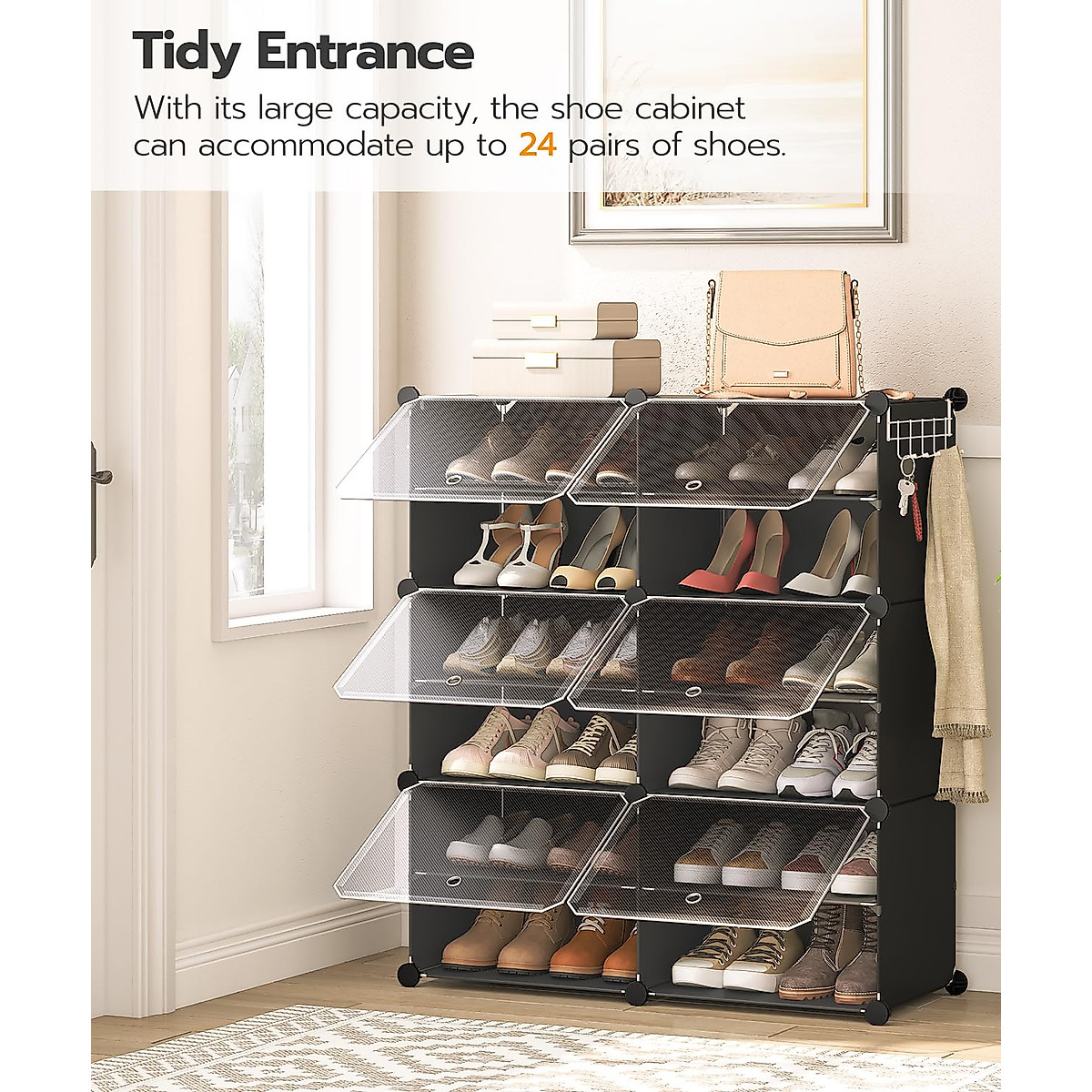 HOOBRO Shoe Rack, 6 Cubes Shoe Organizer with Doors, Plastic Panel Shoe Storage Cabinet for 24 Pairs of Shoes, for Closet, Bedroom, Entryway, Hallway, Black BK26SC01G1