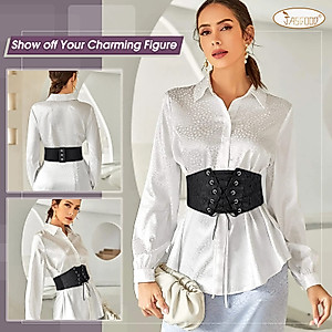 JASGOOD 2 Pack Women Elastic Wide Waist Belt Lace-up Tied Waspie Corset Belt for Dress