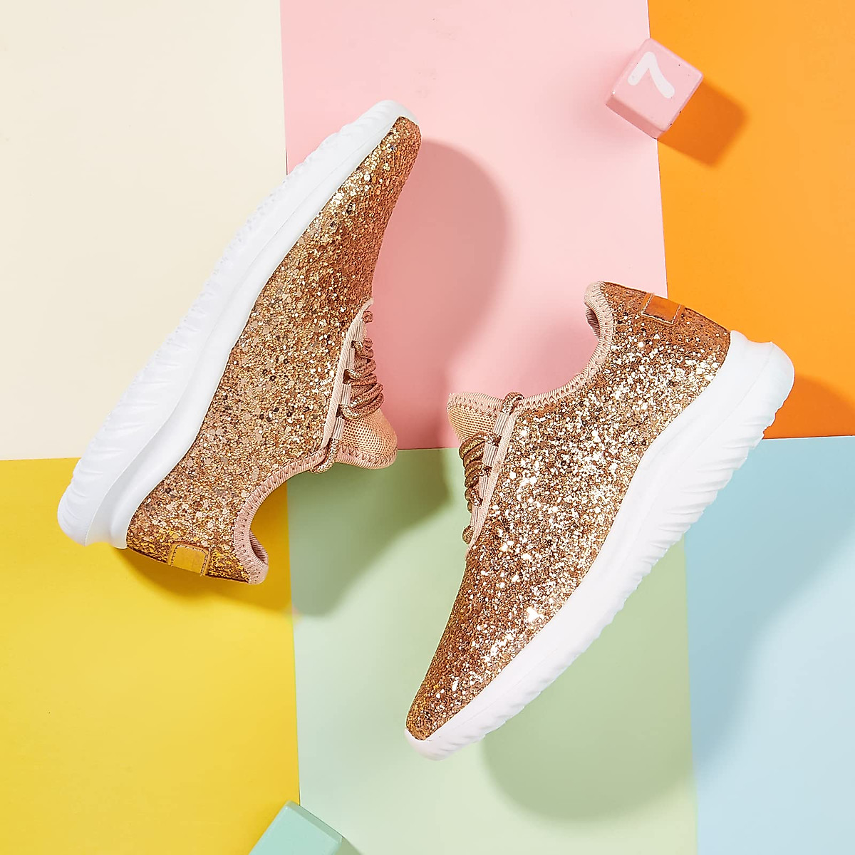 K KIP WOK Toddler Girls Glitter Sneakers Sparkle Slip On Walking Shoes for Kids/Children Breathable Running Sneakers(Rose Gold2,Big Kids 4)