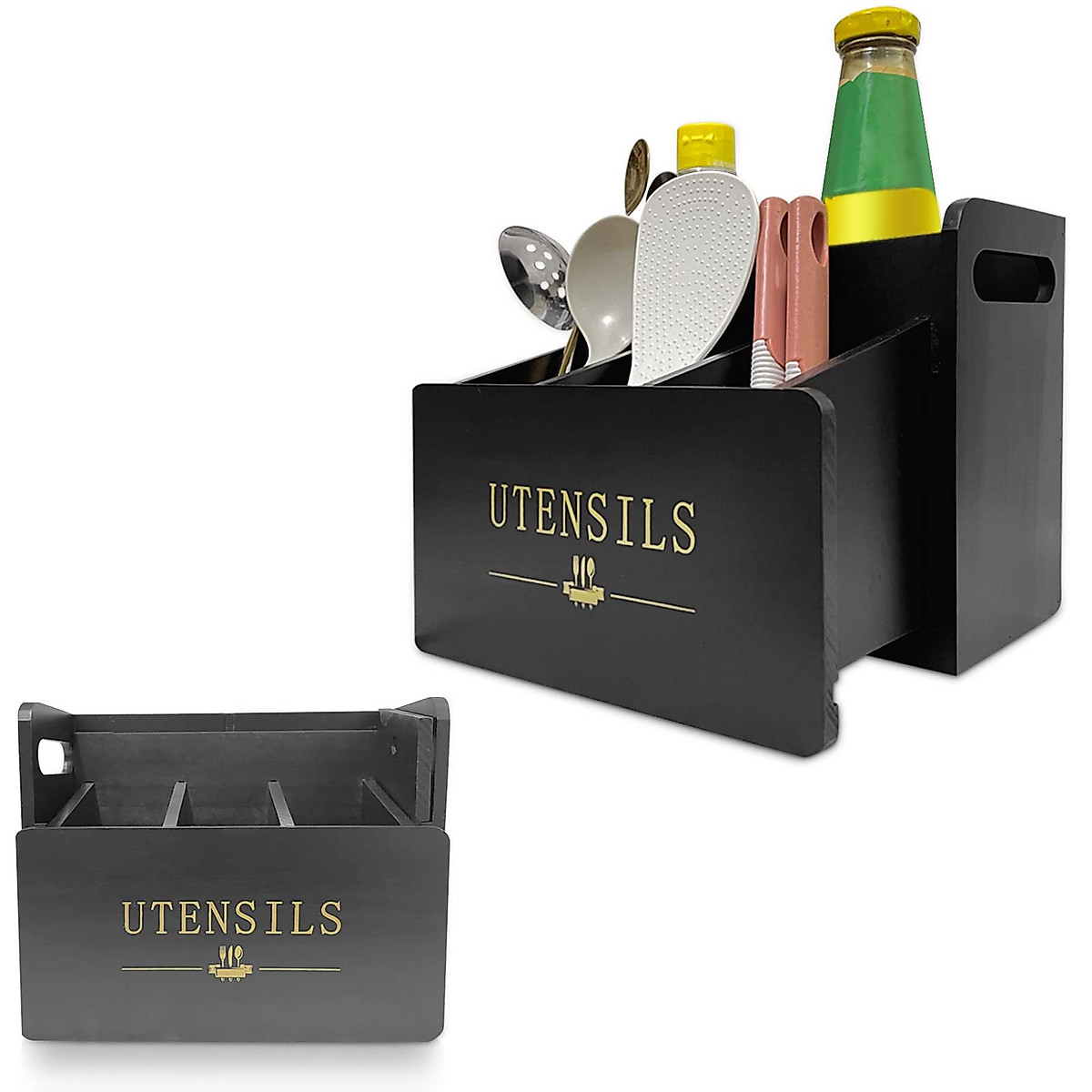 Yleric kitchen utensil organizer for countertop,wooden utensil holder organizer-5 compartments with splints,The tableware rack is used for storing knives, forks, spoons and napkins. (black)