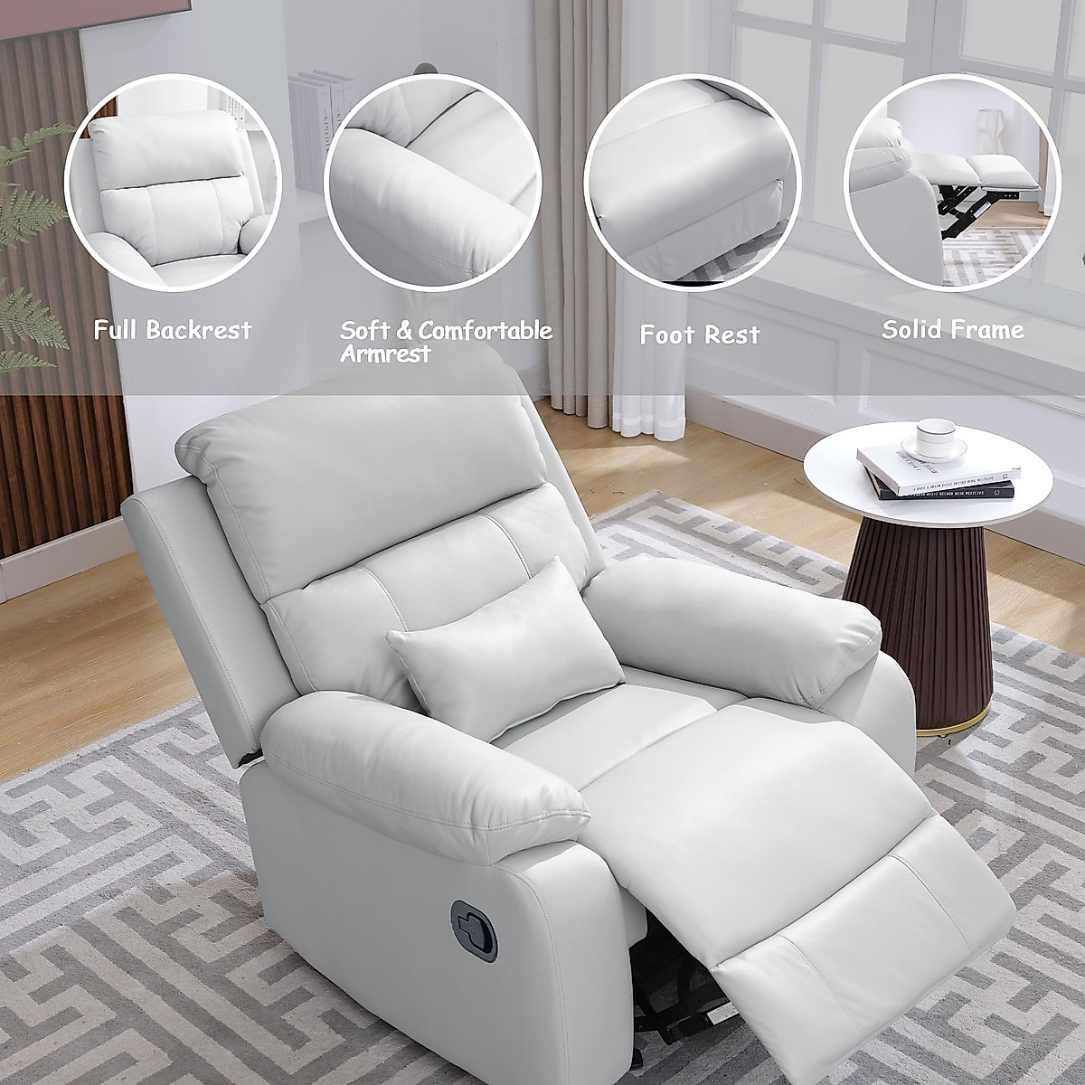 ACKEMO Faux Leather Recliner for Adults,Oversized Rocker Chair with Manual Recliner Single Sofa for Living Room,Modern Adjustable Ergonomics Lounge Chair with Lumbar Support,Gray