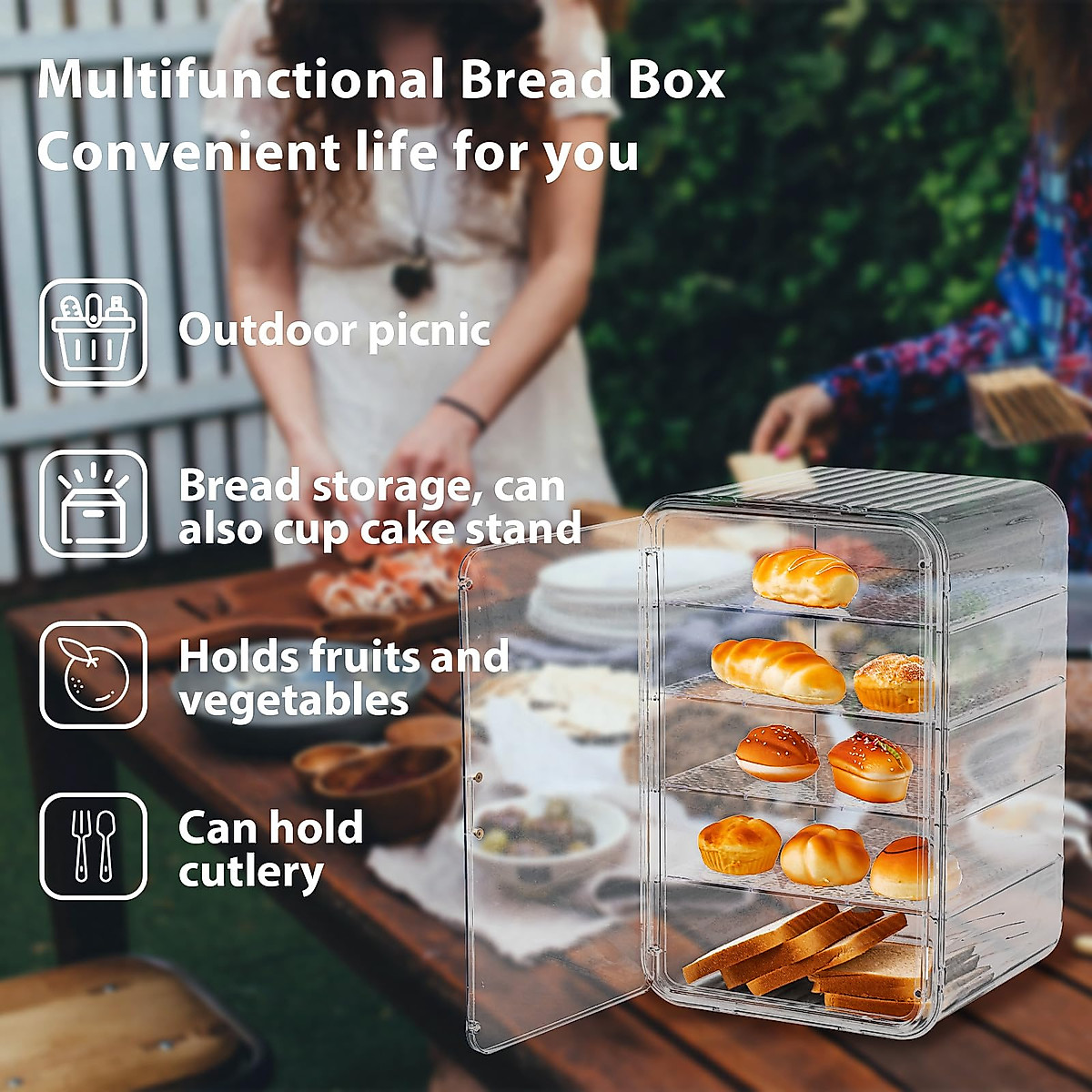 JILLMO Pastry Display Case, Bakery Display Case, Bread Box Plastic, Bread Keeper Storage Container Airtight, Four-Ply Adjustable Height Bread Boxes for Kitchen Counter