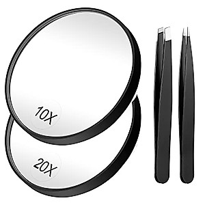 Funtopia Magnifying Mirror, 3.5 Inch 20X Mirror and 10X Magnifier Mirrors with 2 Suction Cups, Small Travel Magnifying Mirror and Tweezers Kit for Eyebrow Tweezing, Blackhead Blemish Removal (Black)