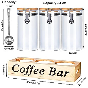 3 PCS Coffee Container for Ground Coffee with Scoop Wood Station, Glass Coffee Bean Canister Organizer with Airtight Lids, Coffee Storage Canister Jar for Sugar Tea