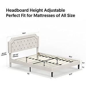 BONSOIR Queen Size Sand Color Bed Frame Upholstered Low Profile Traditional Platform with Tufted and Nail Headboard