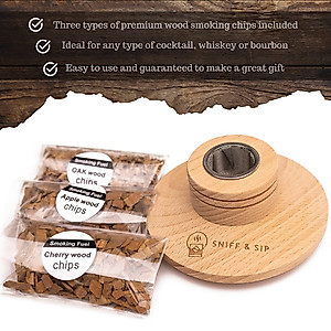 SNIFF & SIP Cocktail Smoker Kit for Drinks, Handcrafted Old Fashioned Drink Infuser - Glass Topper Chimney w/ Apple, Oak and Cherry Wood Shavings to Infuse Cocktails Whiskey Wooden CSK001