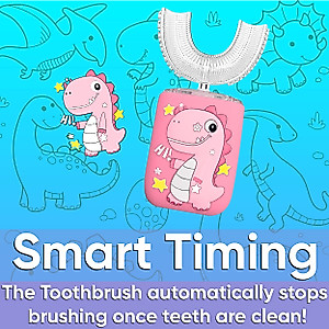BubblezKidz – Kids Electric Toothbrush – U Shaped Dinosaur Cartoon – Ultra Sonic 6 brush Cleaning Modes w/ Smart Timer – Ages 2-18 Years Old – IPX7 Waterproof, Rechargeable, With Stickers