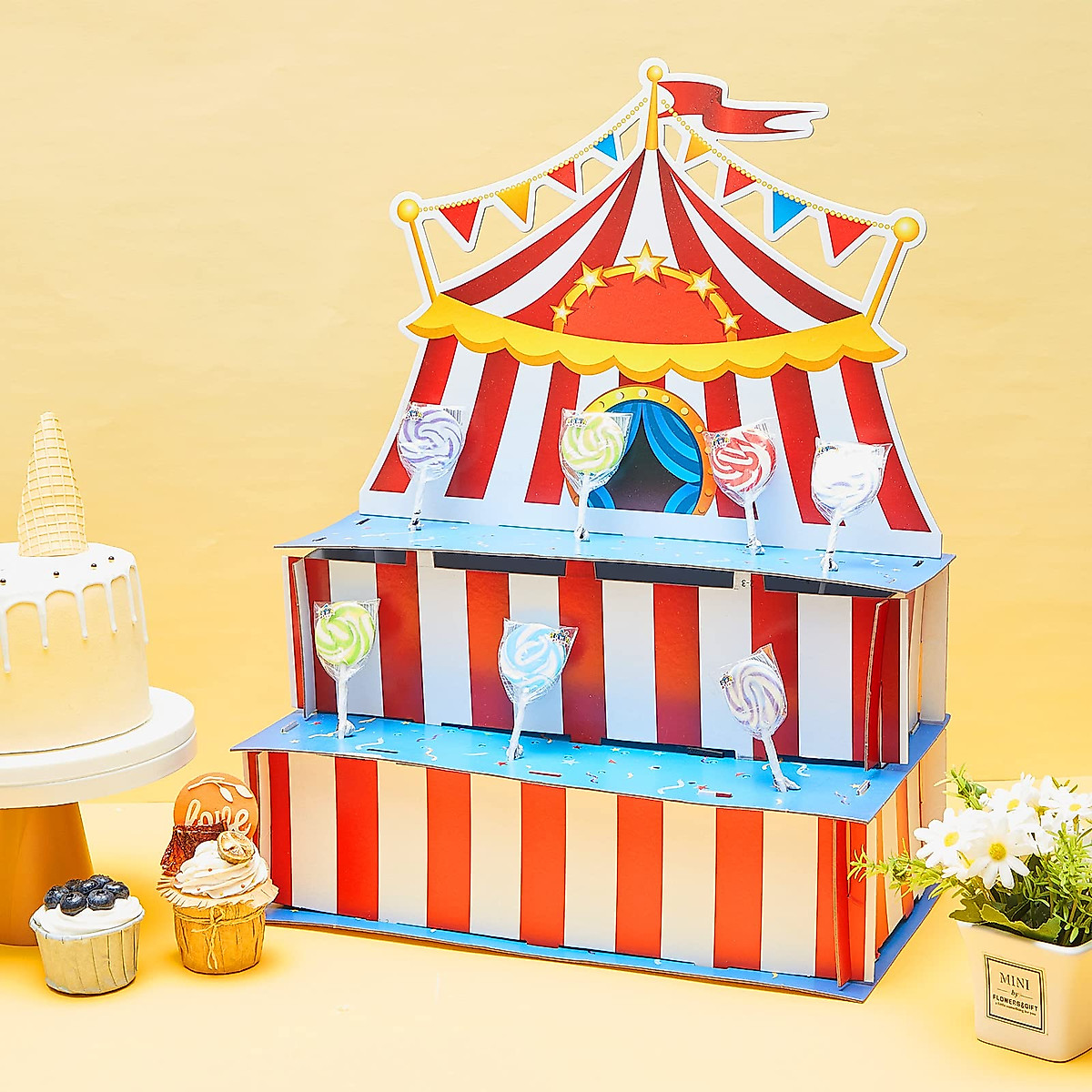 2 Pack Circus Tent Shaped Lollipop Stand 2 Tier Circus Lollipop Candy Stand 48 Suckers Dessert Table Display Set Carnival Theme Tent Design for Circus Birthday Party Favor Decoration Supplies