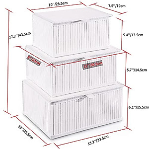 Honygebia Bamboo Decorative Storage Boxes - Set of 3 Woven Lined Storage Basket with Lids, White Wicker Lidded Baskets for Home Kitchen Shelf Organizer Decor