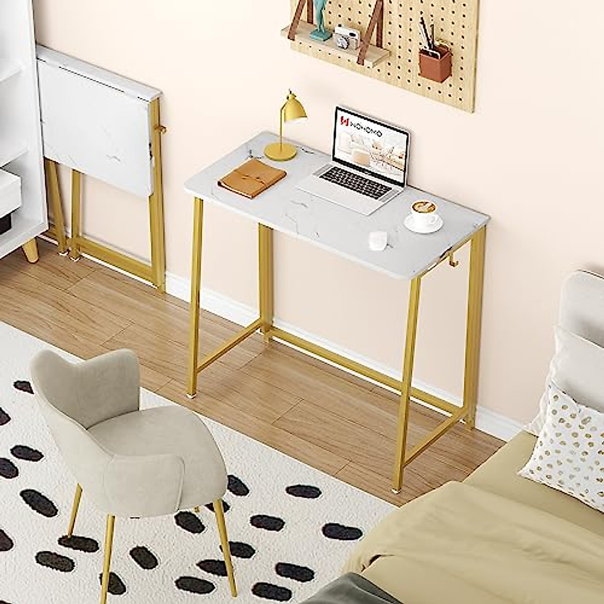 WOHOMO White Marble Folding Desk, 31.5" Small Desk for Small Spaces with Gold Legs, Easy Assemble Foldable Computer Desk, Mini Portable Working Table for Home Office, White and Gold